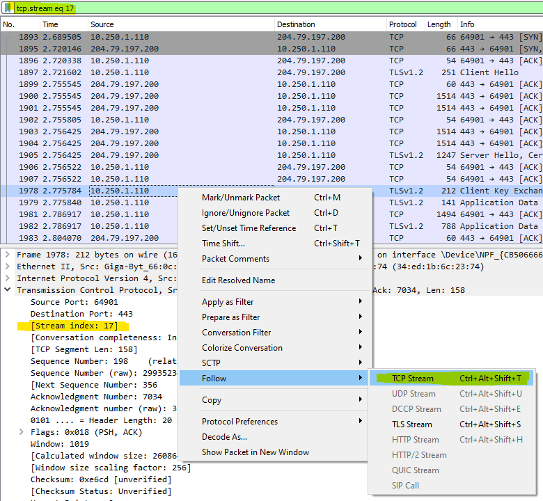Matching TCP Streams Between Client And Server Wireshark Packet